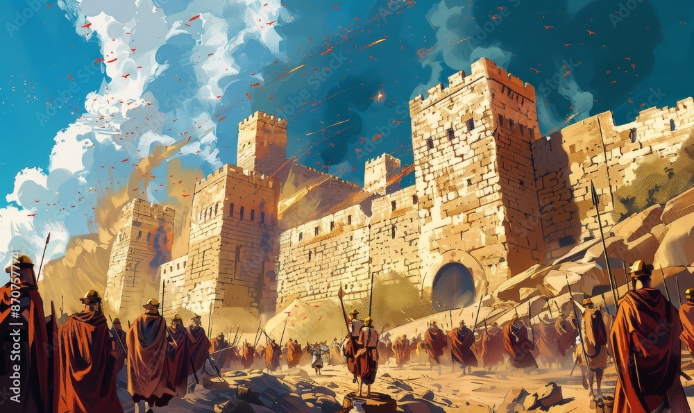 The Battle of Jericho. The walls of Jericho collapsing as the ...