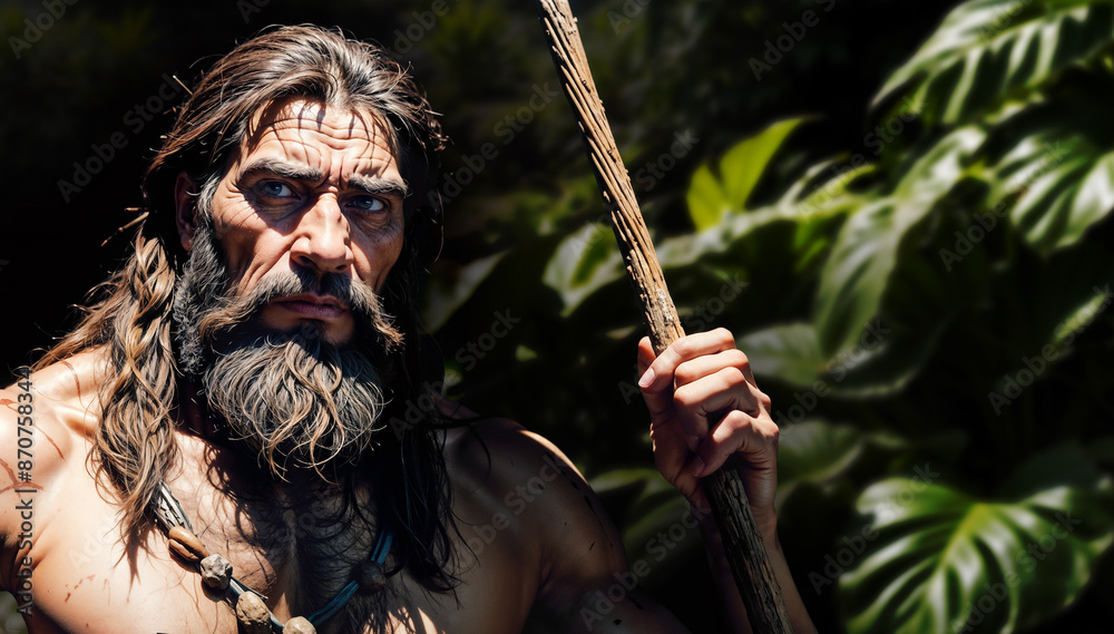 Close-up view of a primeval caveman. Ancient man, cro-magnon man with a ...