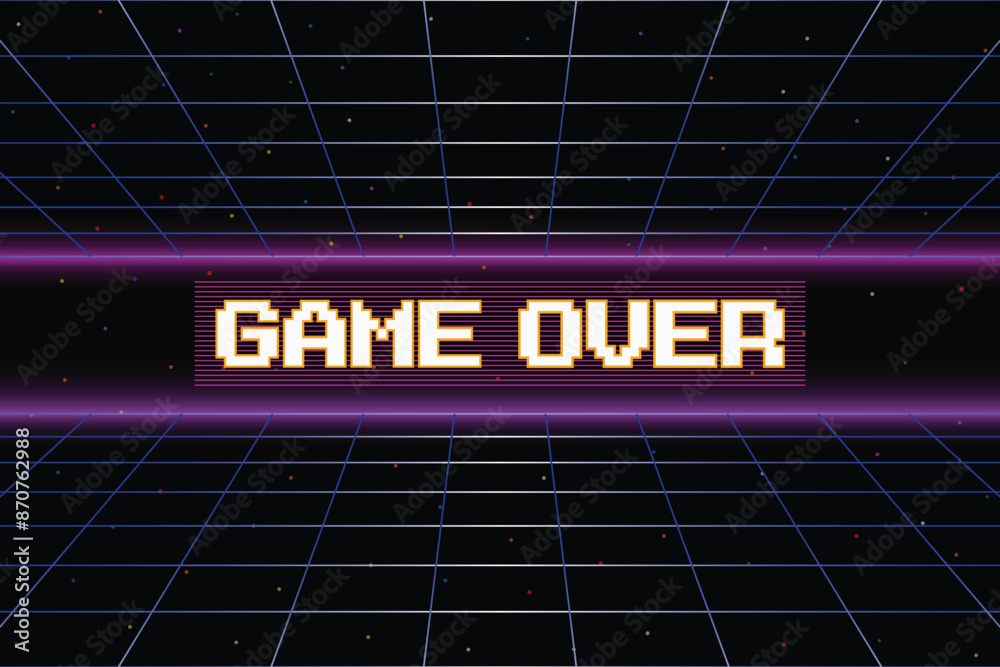 GAME OVER. Synthwave wireframe net illustration. pixel art .8 bit game ...