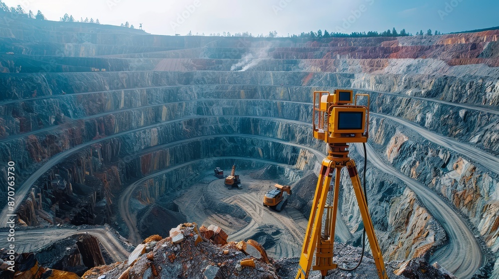 Aerial View of an Open Pit Mine with Survey Equipment - An aerial view ...