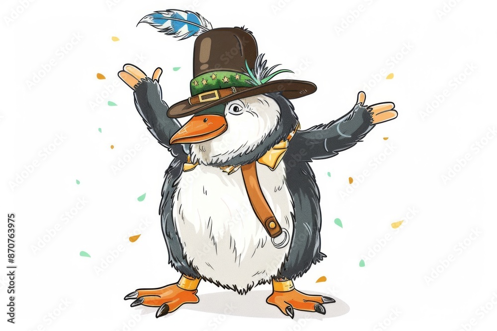 A happy penguin gets into the Oktoberfest spirit, dancing in ...