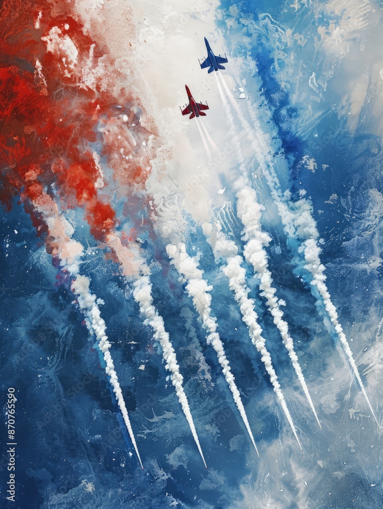 Two fighter jets are flying in the sky, leaving a trail of smoke behind ...