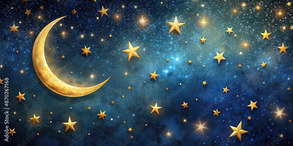 Starry night sky with golden stars and crescent moon, starry, night ...