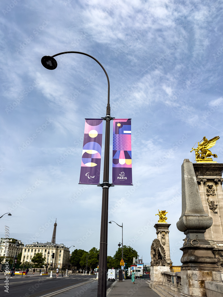 View of Paris street banners with Paris 2024 Olympic Games flags and ...