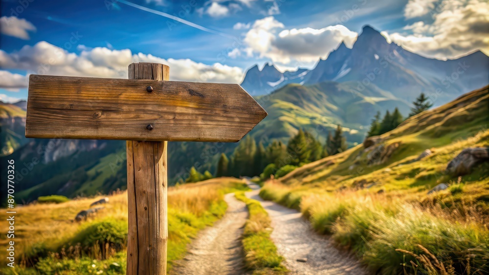 Empty mock up wooden sign post on path with mountain in background ...