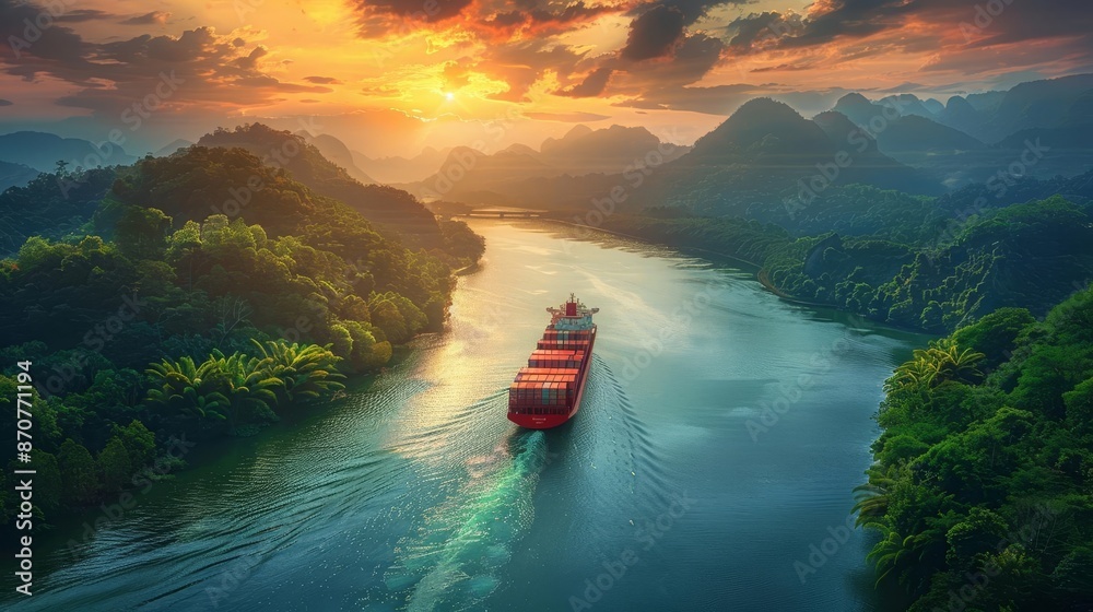 A cargo ship carrying containers sailing on the river, green mountains ...