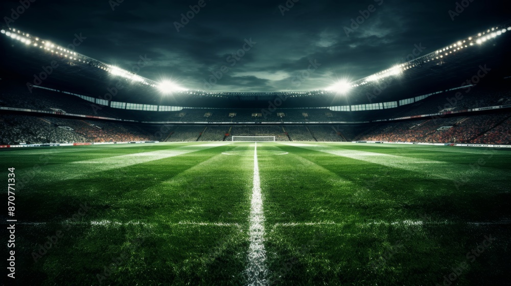 Soccer stadium lit up for match on green field, sports arena background ...