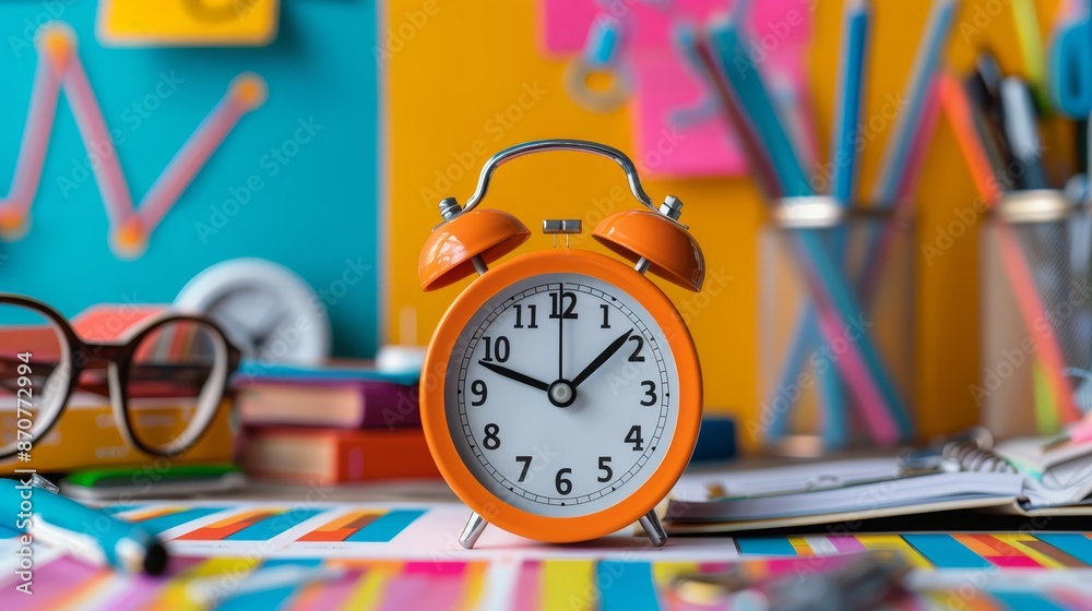 Orange Alarm Clock on a Busy Desk - An orange alarm clock sits on a ...