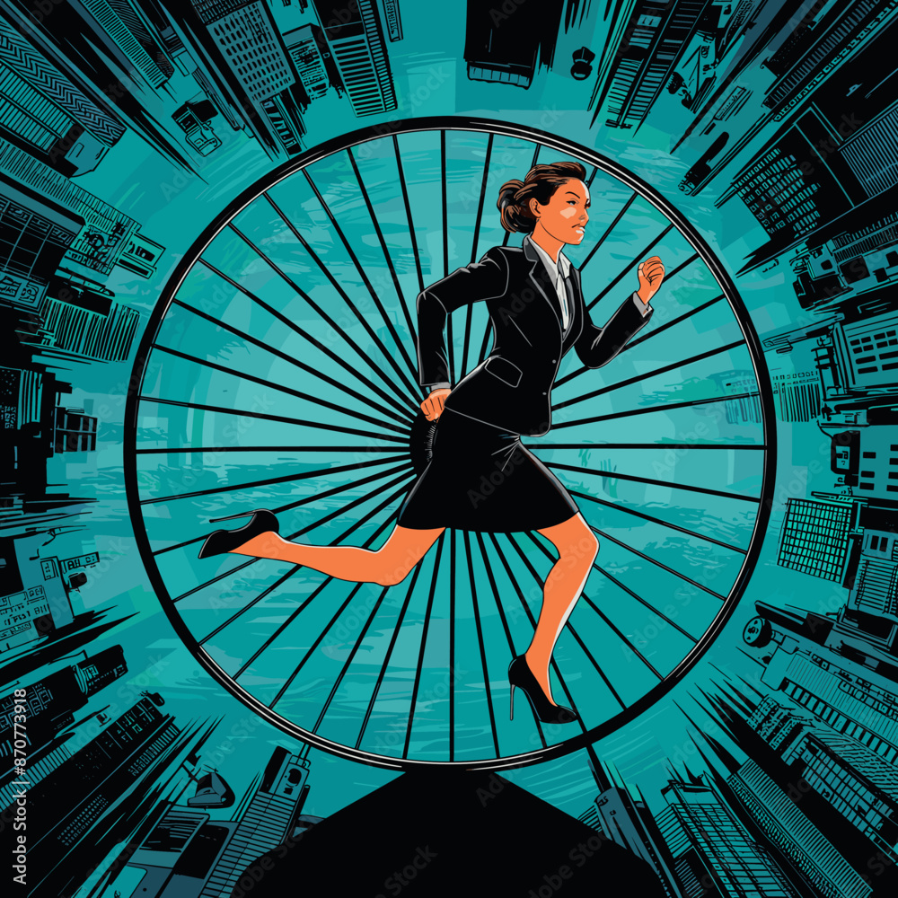 Rat race concept. Business woman running in hamster wheel. Tired ...