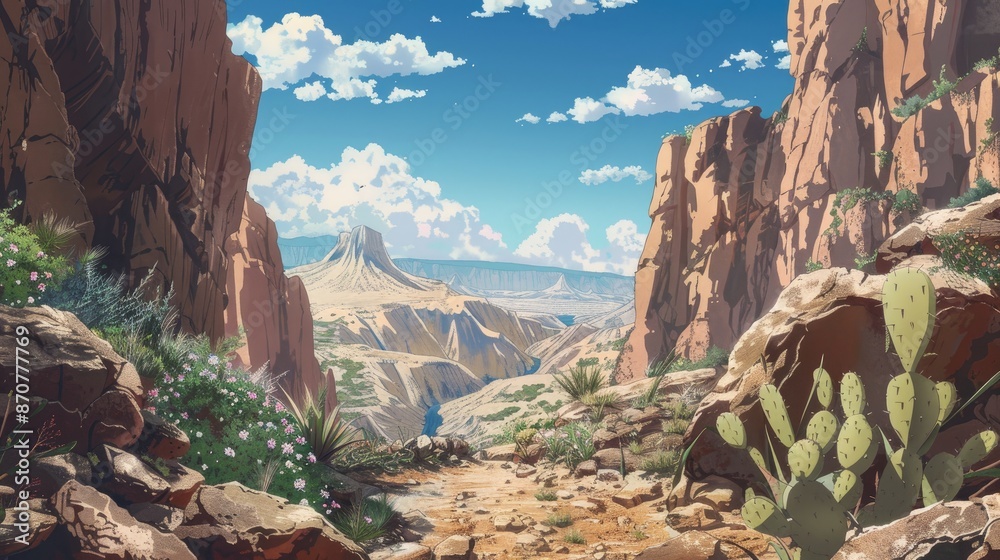 Detailed anime scene of a canyon landscape, featuring rocky formations ...