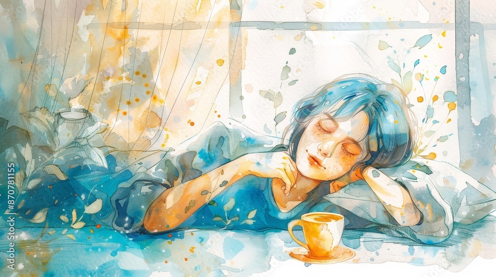 Watercolor Painting of a Woman Sleeping in Bed - A watercolor painting ...