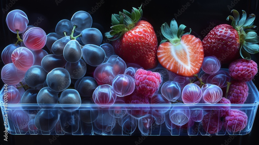 X-ray scan of a basket of fruit, highlighting the shapes and sizes of ...