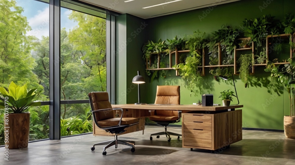 An office with large windows offering a view of a garden or park ...