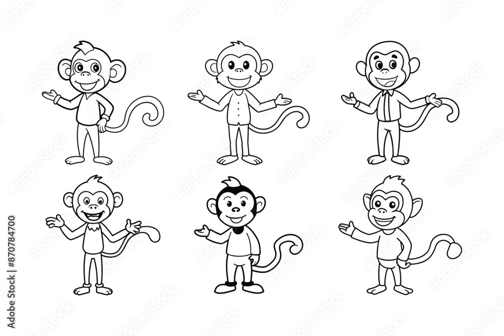 Cartoon happy monkey presenting line art vector set Stock Vector ...