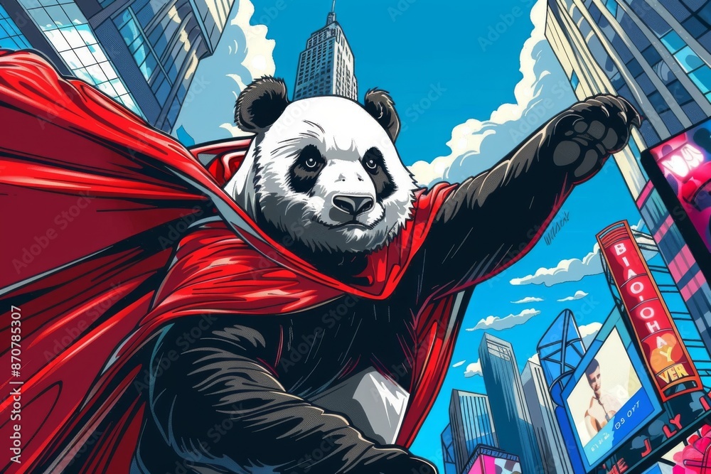 A playful panda in a superhero costume strikes a pose in the heart of ...