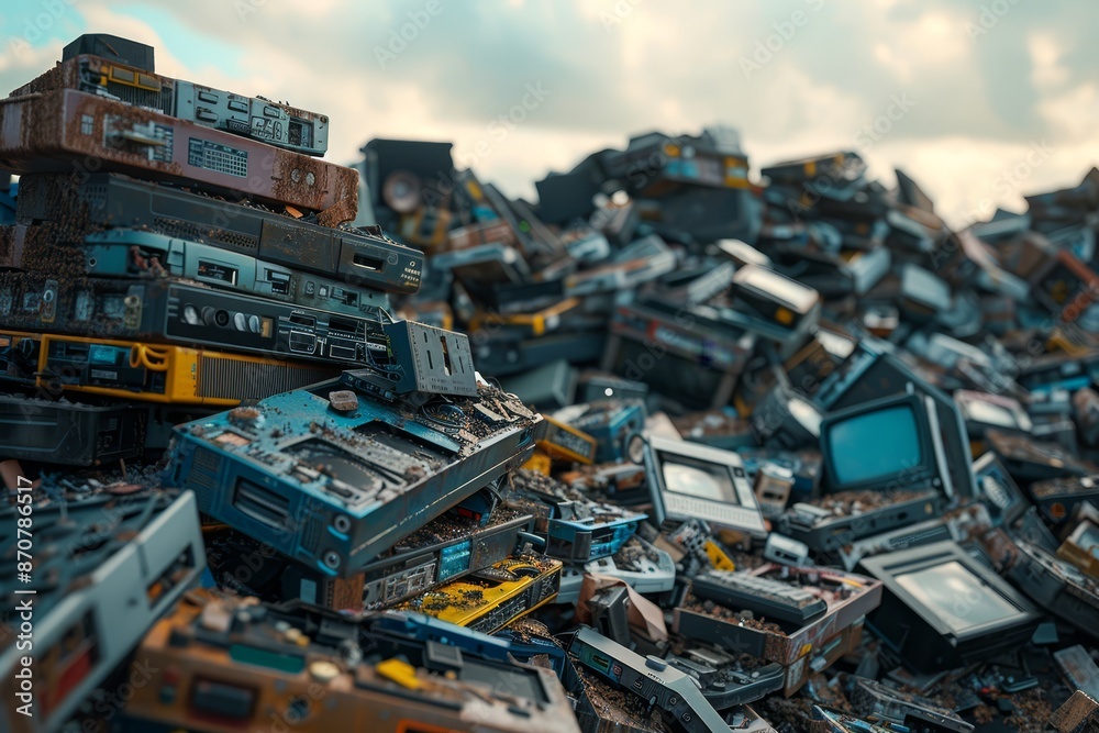 Electronic waste pile with old gadgets, highlighting recycling needs ...