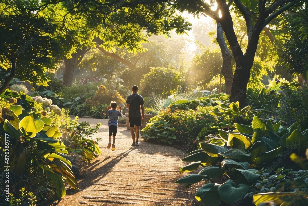 Father and son doing jumping jacks on a garden path, with sunlight ...