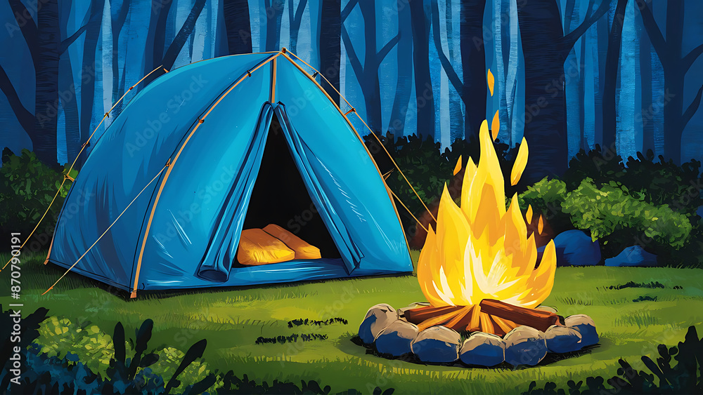 Beautiful place camping in the woods and fire concept. An inviting ...
