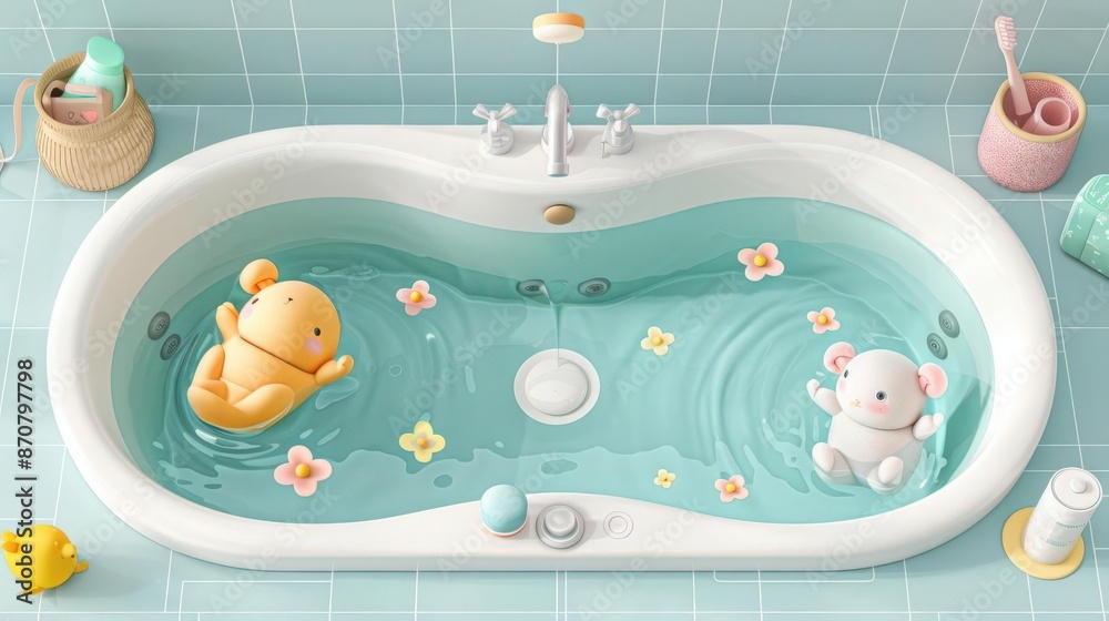 newborn baby tub flat design top view bath time theme cartoon drawing ...