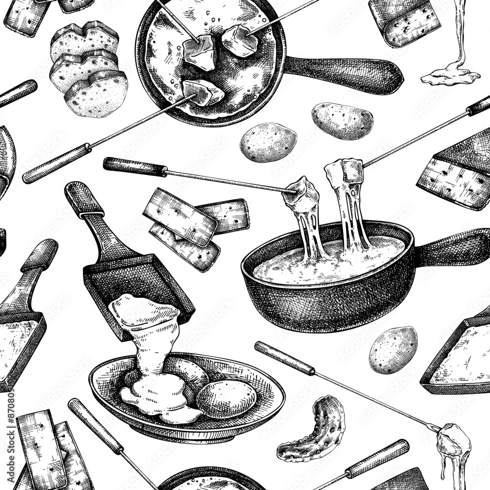 Swiss cheese fondue background. Melted cheese. Hand-drawn food ...