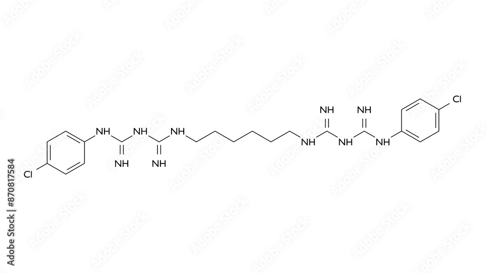 chlorhexidine molecule, structural chemical formula, ball-and-stick ...