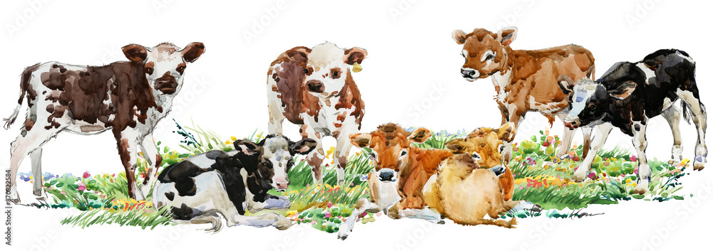 Watercolor painting set of a calf isolated on white background ...