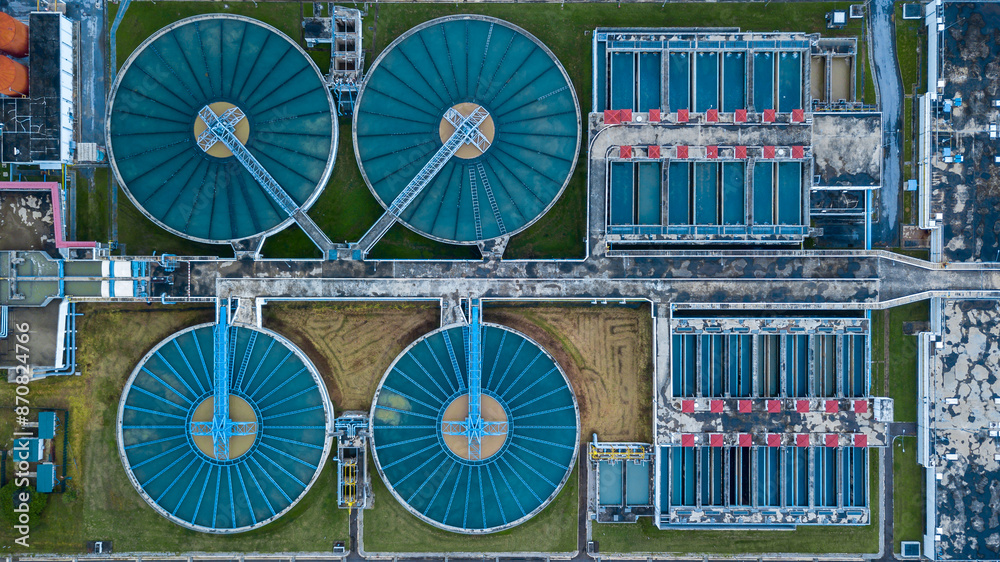 Aerial view of sewage water treatment plant, Purification process water ...