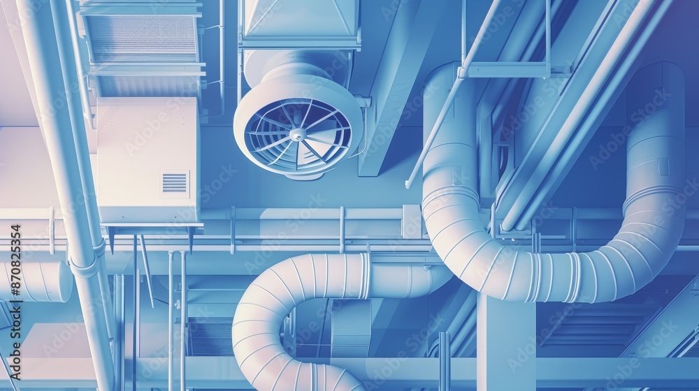An illustration of a building HVAC system, with air ducts and air ...