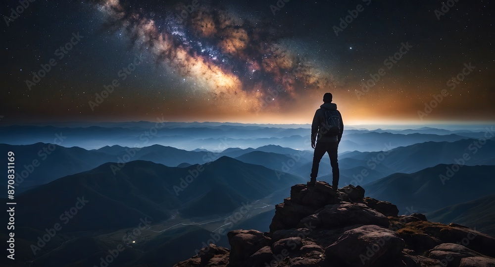 ภาพประกอบสต็อก Silhouette man standing on the top of the mountain, back ...