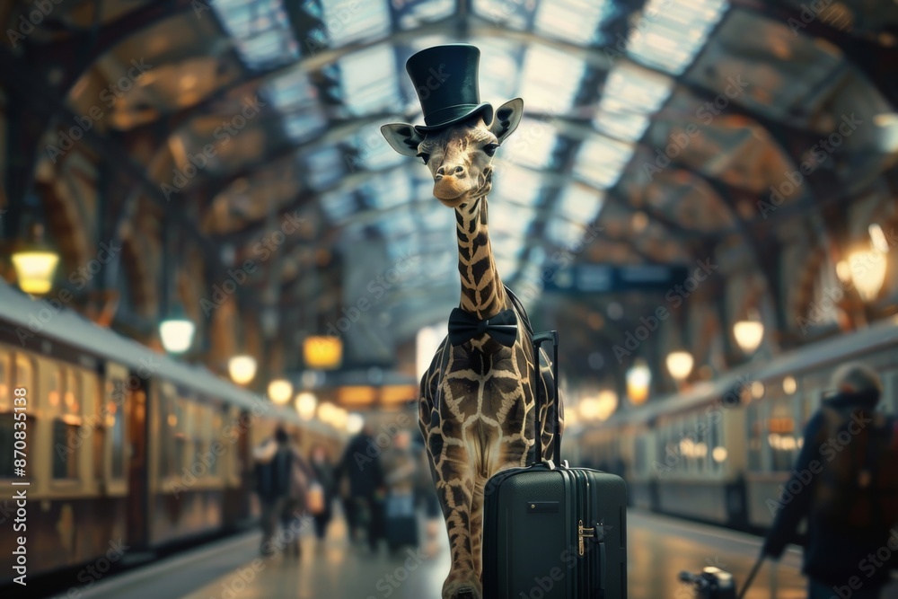 A stylish giraffe rushes through a busy railway station, carrying a ...
