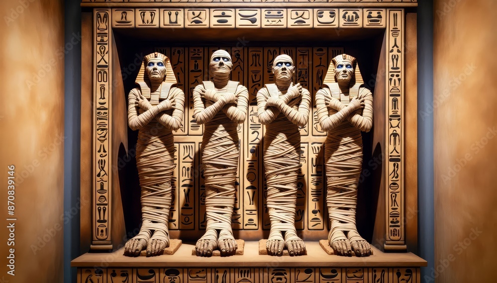Four Egyptian Mummies Standing in a Tomb - Four mummies stand in a row ...