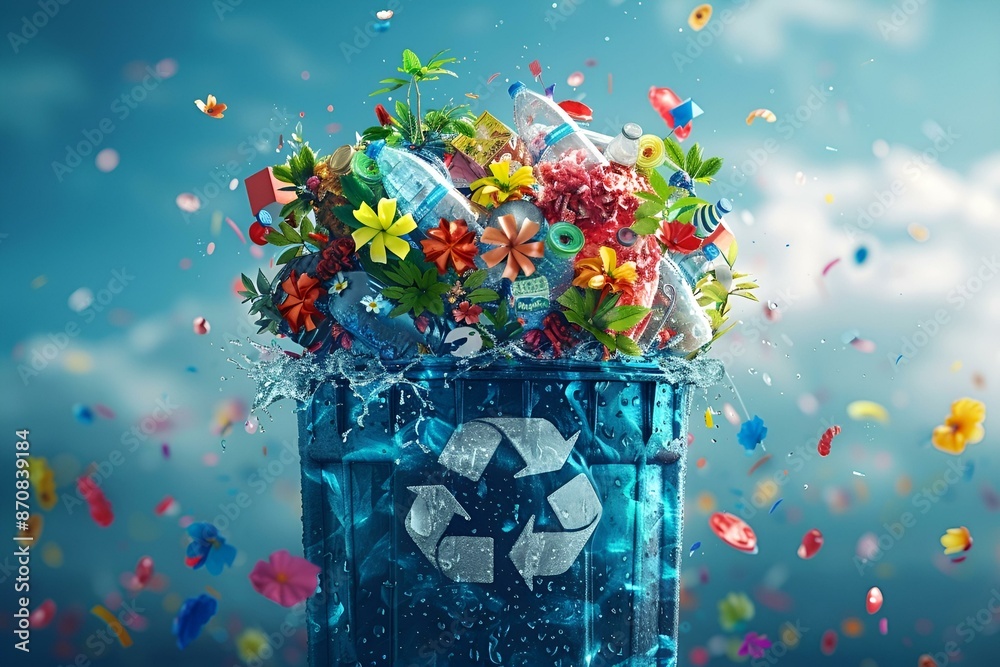 Colorful flowers overflowing from a trash can, recycling symbol in view ...