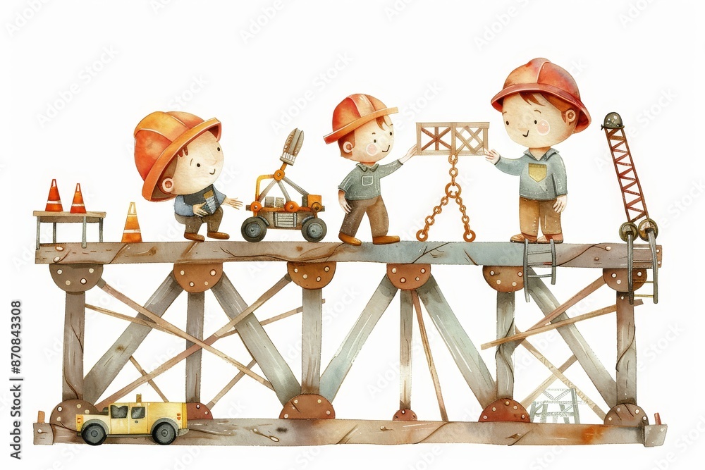 Three Construction Workers Building on a Scaffold - Three cute cartoon ...