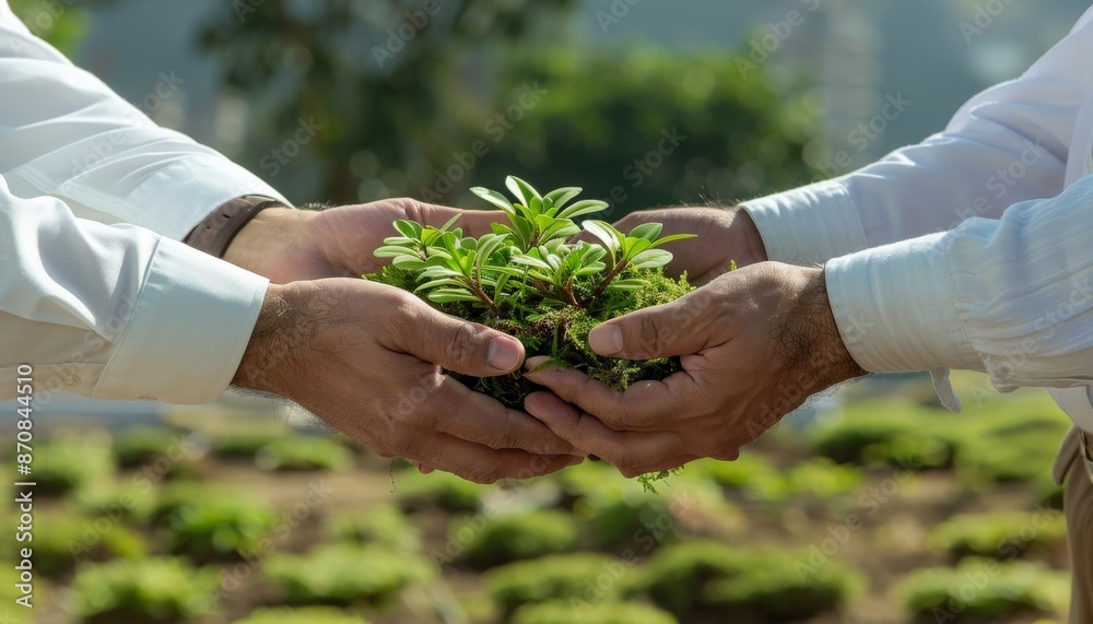 business hands holding green plants together are the symbol of green ...