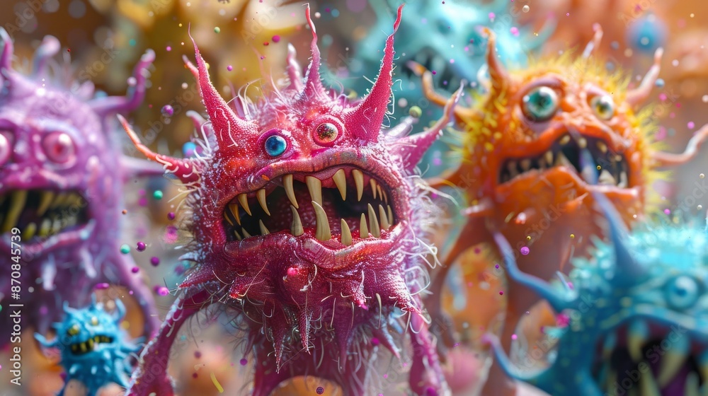 3D germs monsters fighting in a lab in a playful bright and colorful ...