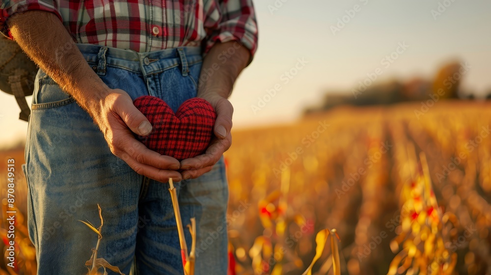 Farmer holding plaid heart at golden hour in field - A farmer in a ...
