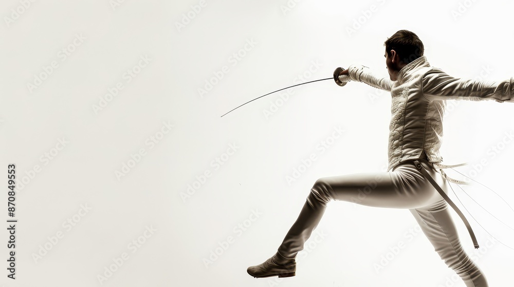 Dramatic leap by a fencer in white gear during match - A fencer ...