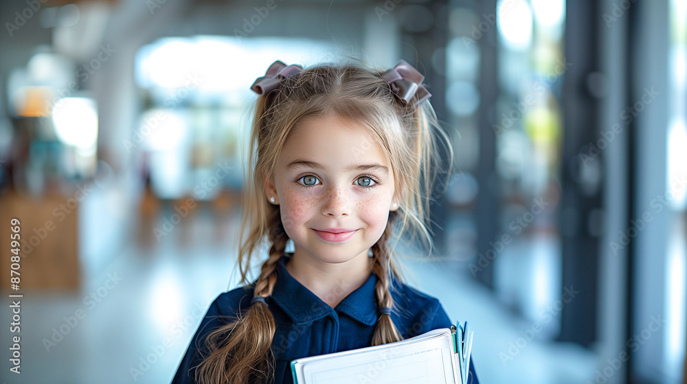 Smiling first-grader with a school backpack and notebook in her hands ...