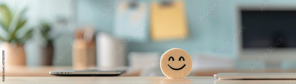 Happy emoticon block on a desk in a cozy office setup. Blurred ...