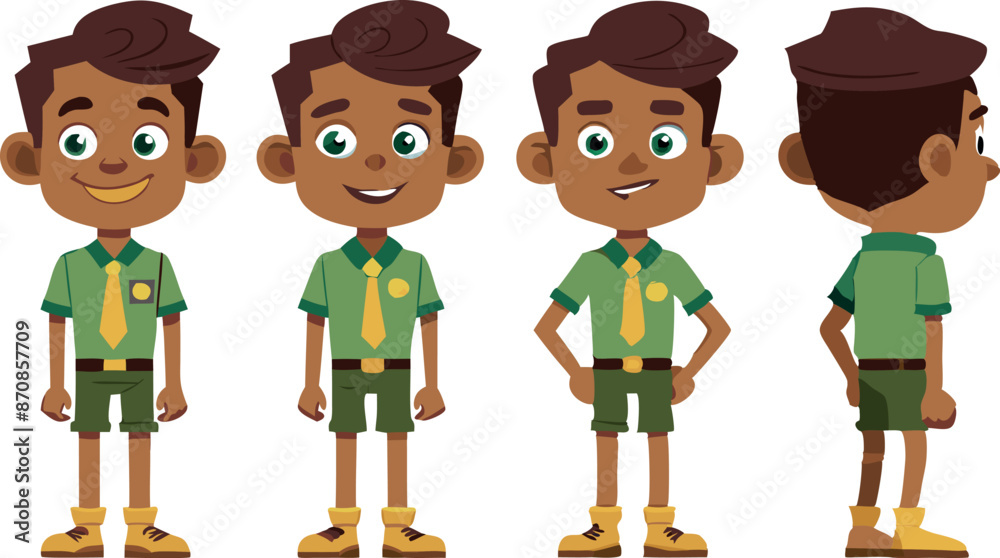 Cartoon boy character in scout uniform, front, side, and back view ...