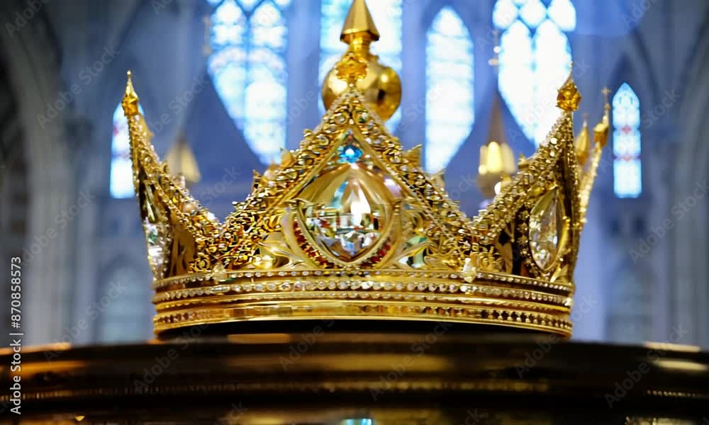 A gold royal king queen coronation crown with jewels and diamonds ...