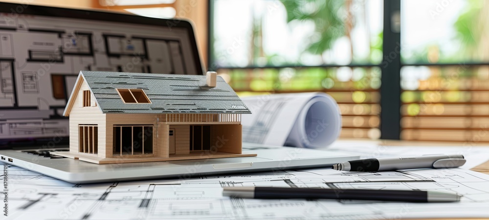 Architectural model on table with laptop, drawing technical tools and ...