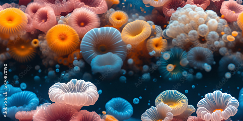 Anemones and sea sponges that overlap to create a vibrant marine ...