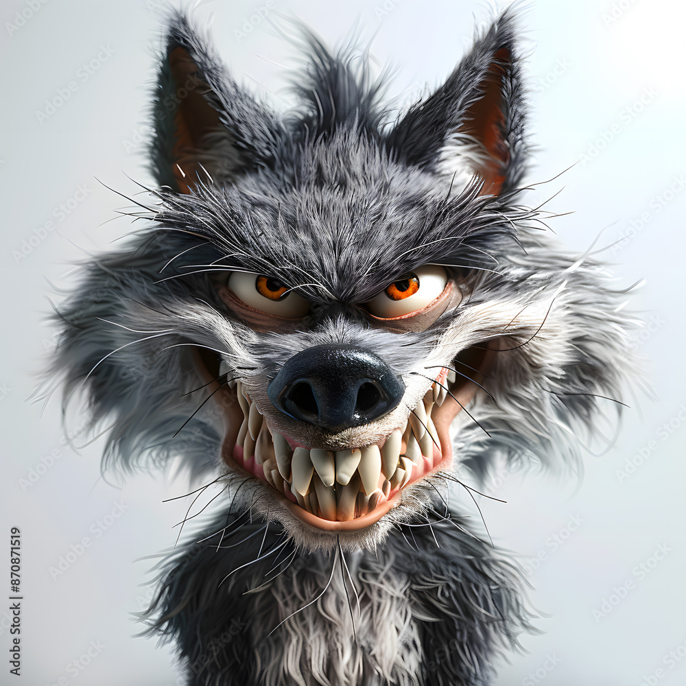 Portrait of cartoon wolf with a mischievous grin. Wolf has furry, gray ...