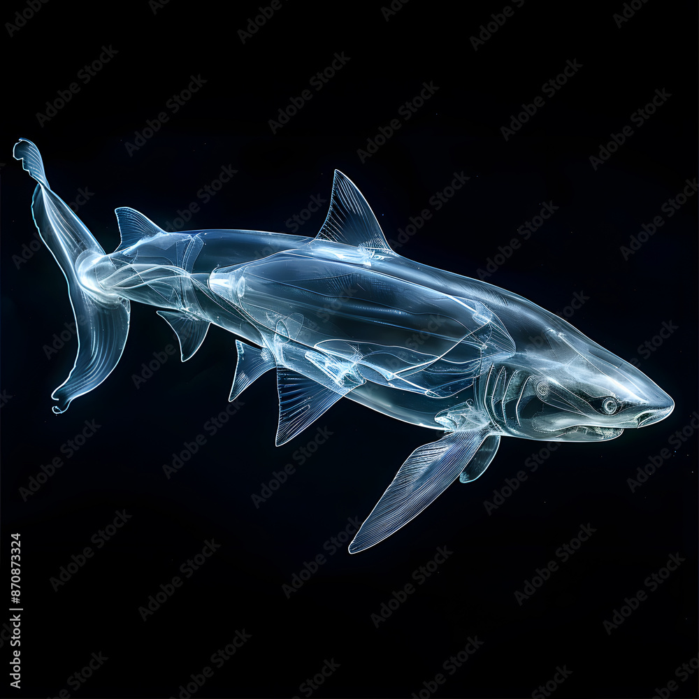 Translucent shark swims through black void, its skeletal structure ...