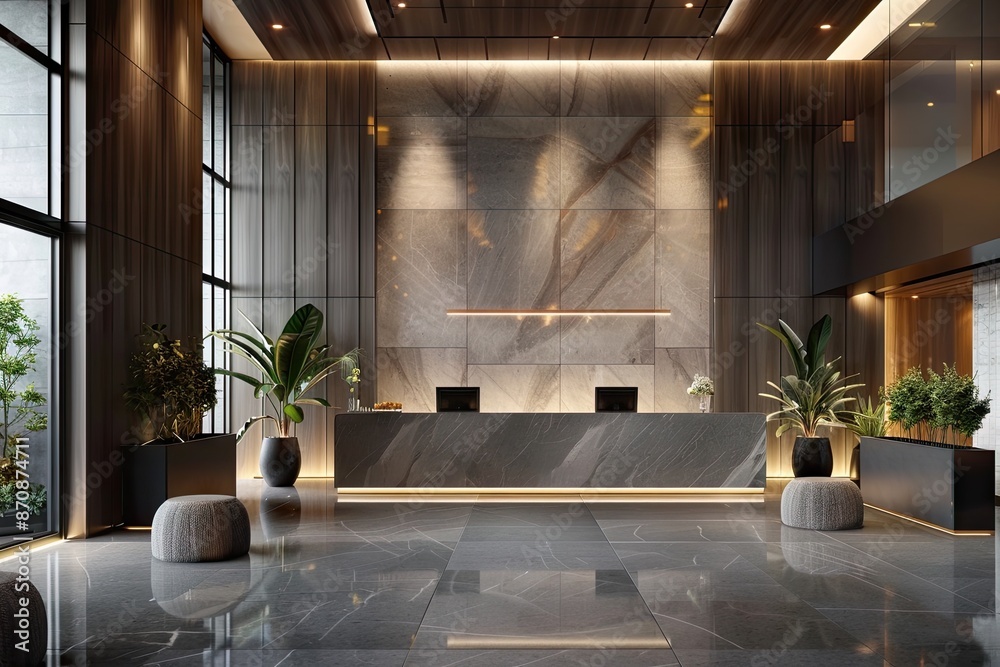 Lobby moderno y elegante de un hotel urbano, con recepción y Áreas de ...