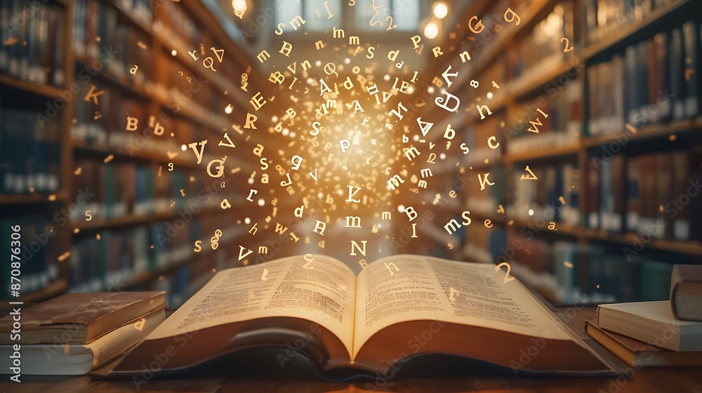 An open book with letters flying out of it, in the background there is ...