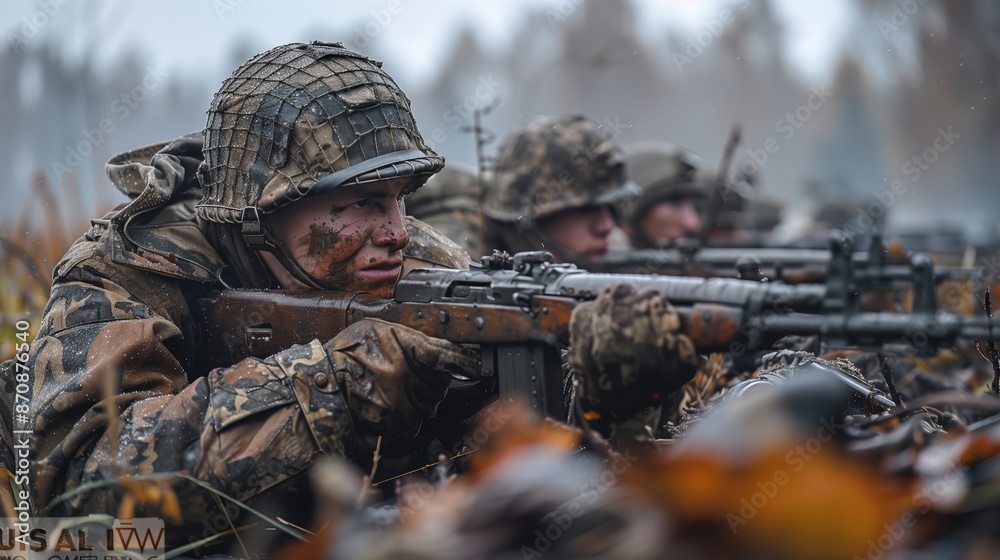 An armed soldier wearing a camouflage helmet and uniform is lying prone ...
