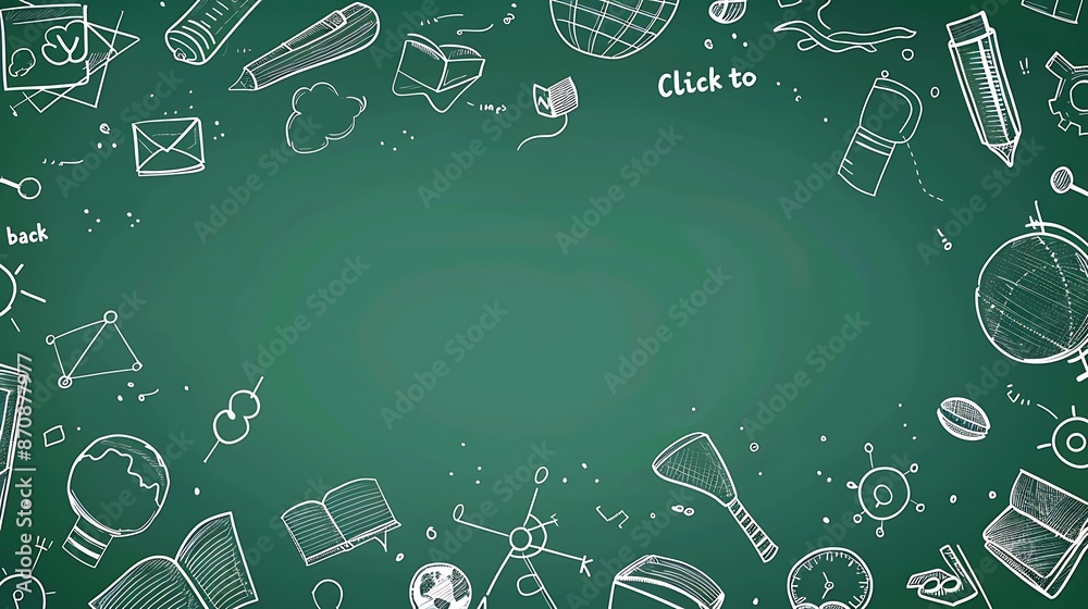 green blackboard background with doodles of school icons and symbols ...