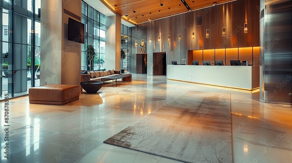 Lobby moderno y elegante de un hotel urbano, con recepción y Áreas de ...